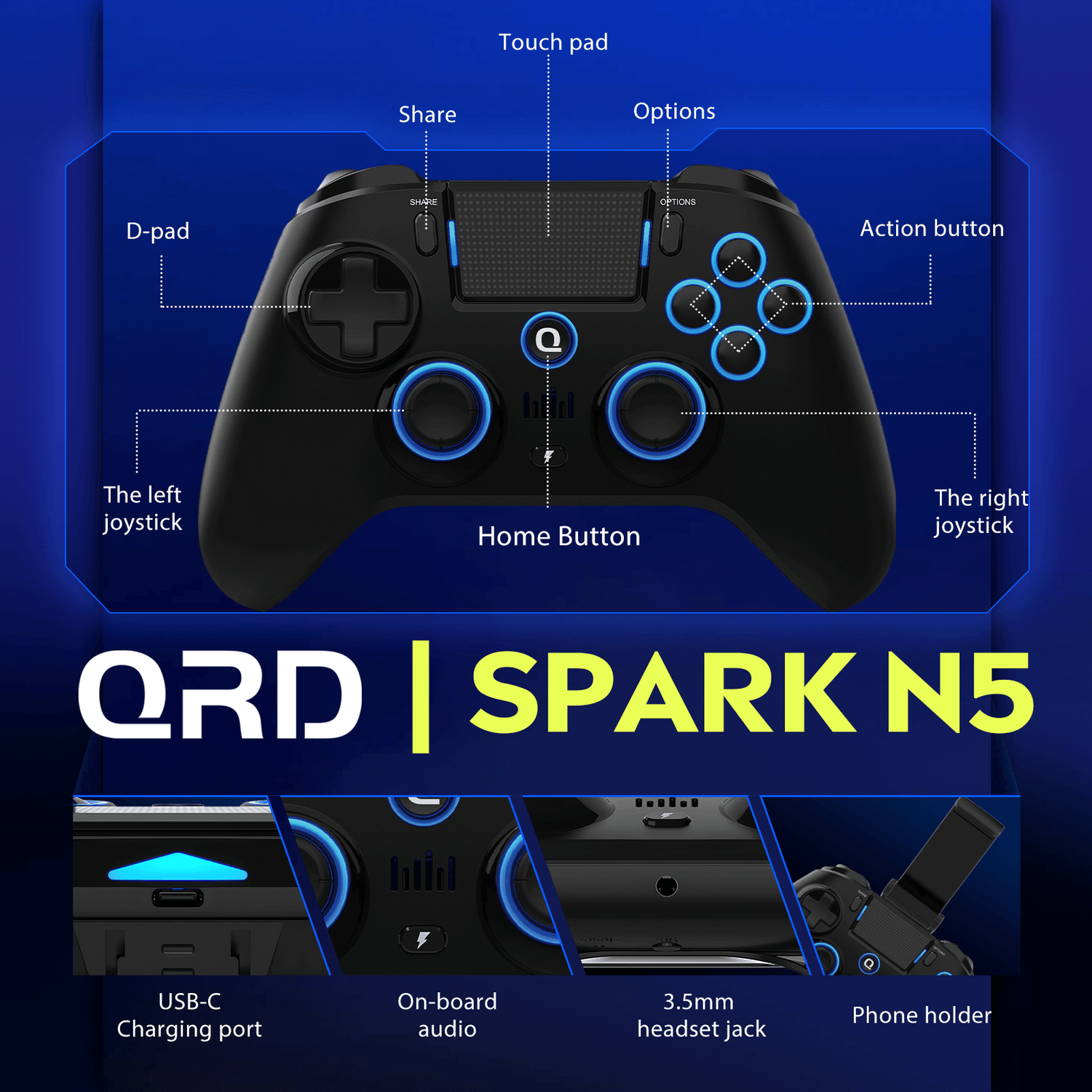 Controle sem fio QRD Spark N5 PS5/PS4/PS3 com joystick de efeito Hall ...